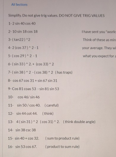 Solved All Sections Simplify. Do not give trig values. DO | Chegg.com