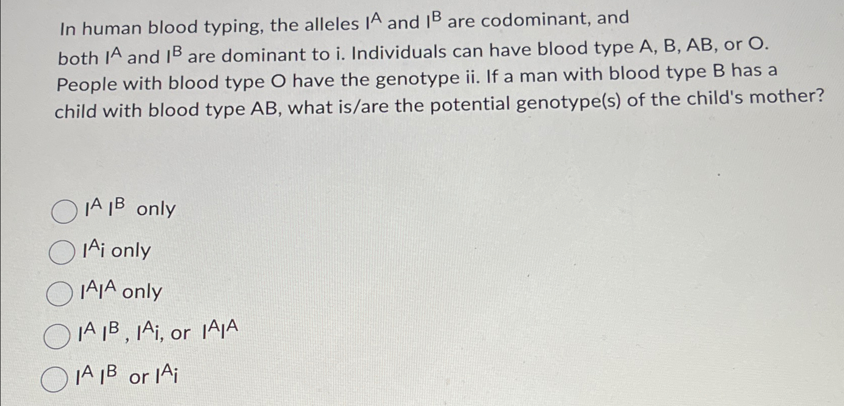 Solved In human blood typing, the alleles IA ﻿and IB ﻿are | Chegg.com