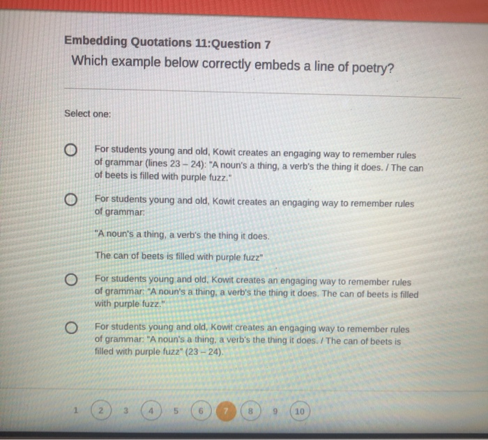 Embedding Quotations 11:Question 7 Which example | Chegg.com