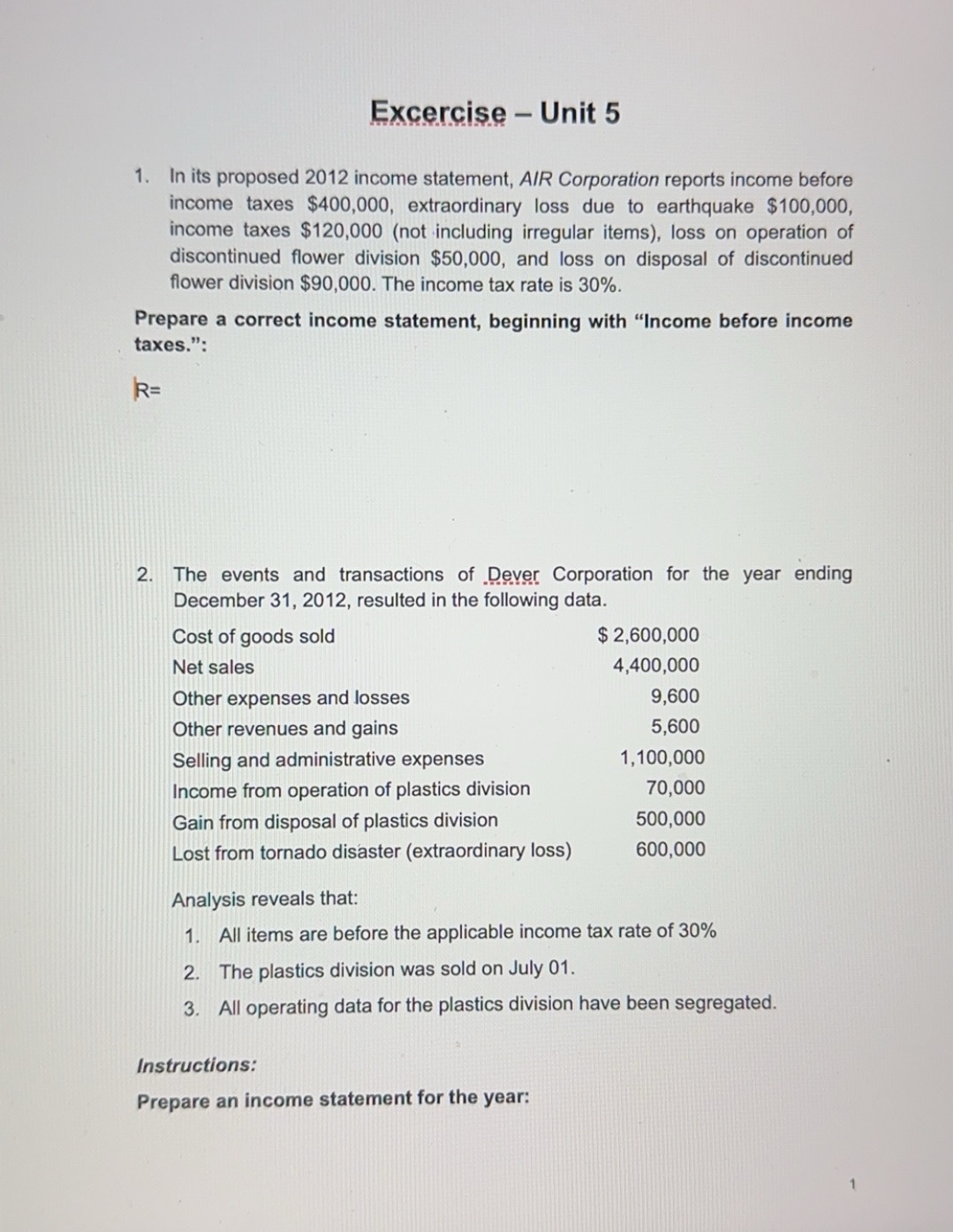 Solved Excercise Unit 51.In its proposed 2012 ﻿income | Chegg.com