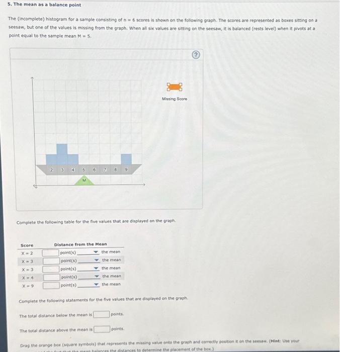 Solved 5. The mean as a balance point The (incomplete) | Chegg.com