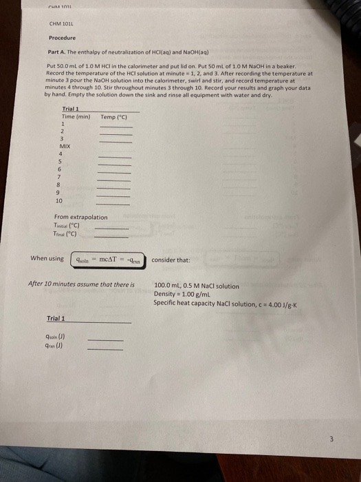 Lab 7 Handout Thermochemistry Introduction | Chegg.com