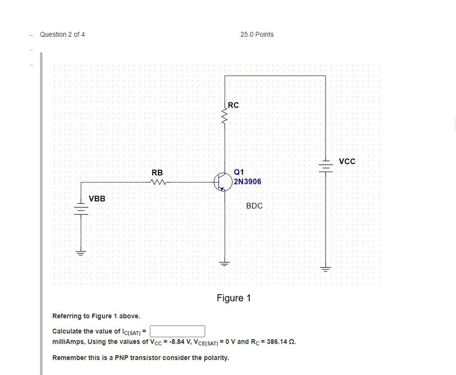 Solved Question 2 of 4 25.0 Points RC w VCC RB w Q1 2N3906 두 | Chegg.com