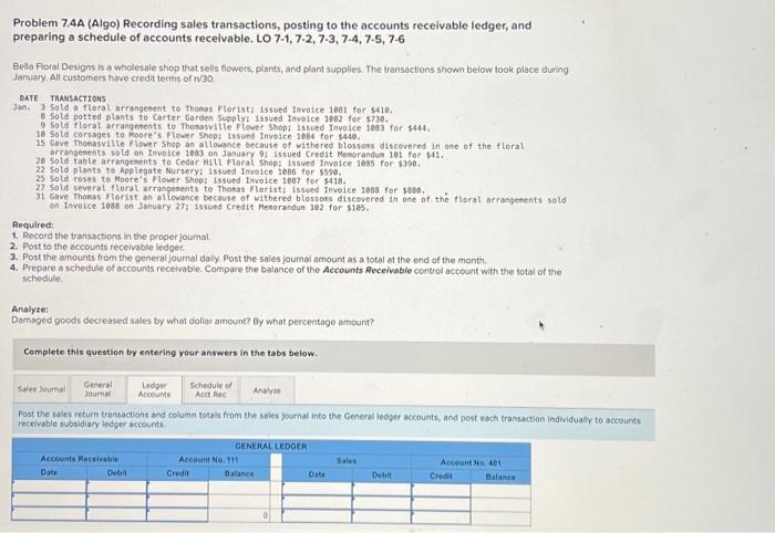 Problem 7.4A (Algo) Recording sales transactions, | Chegg.com