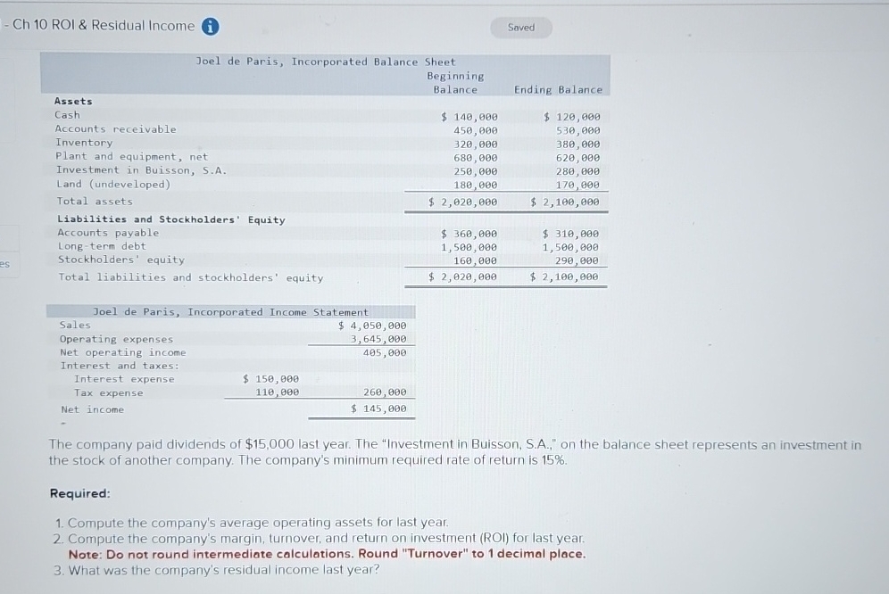 Solved Ch 10 ﻿ROI & Residual Income i\table[[Joel de Paris, | Chegg.com