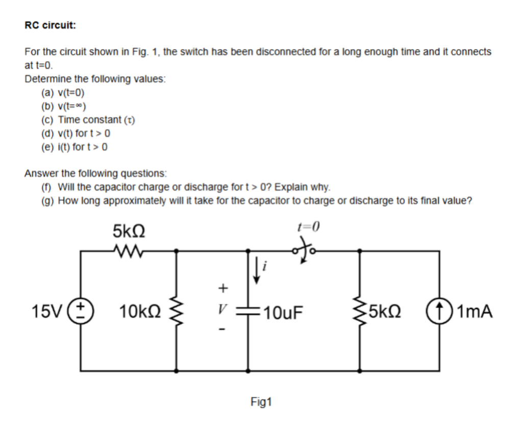Solved RC ﻿circuit:For the circuit shown in ﻿Fig. 1, ﻿the | Chegg.com