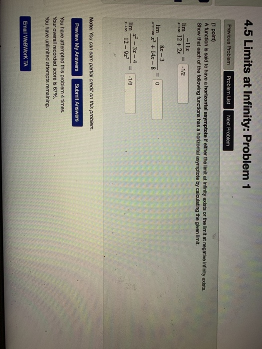 Solved 4.5 Limits at Infinity: Problem 1 Previous Problem | Chegg.com