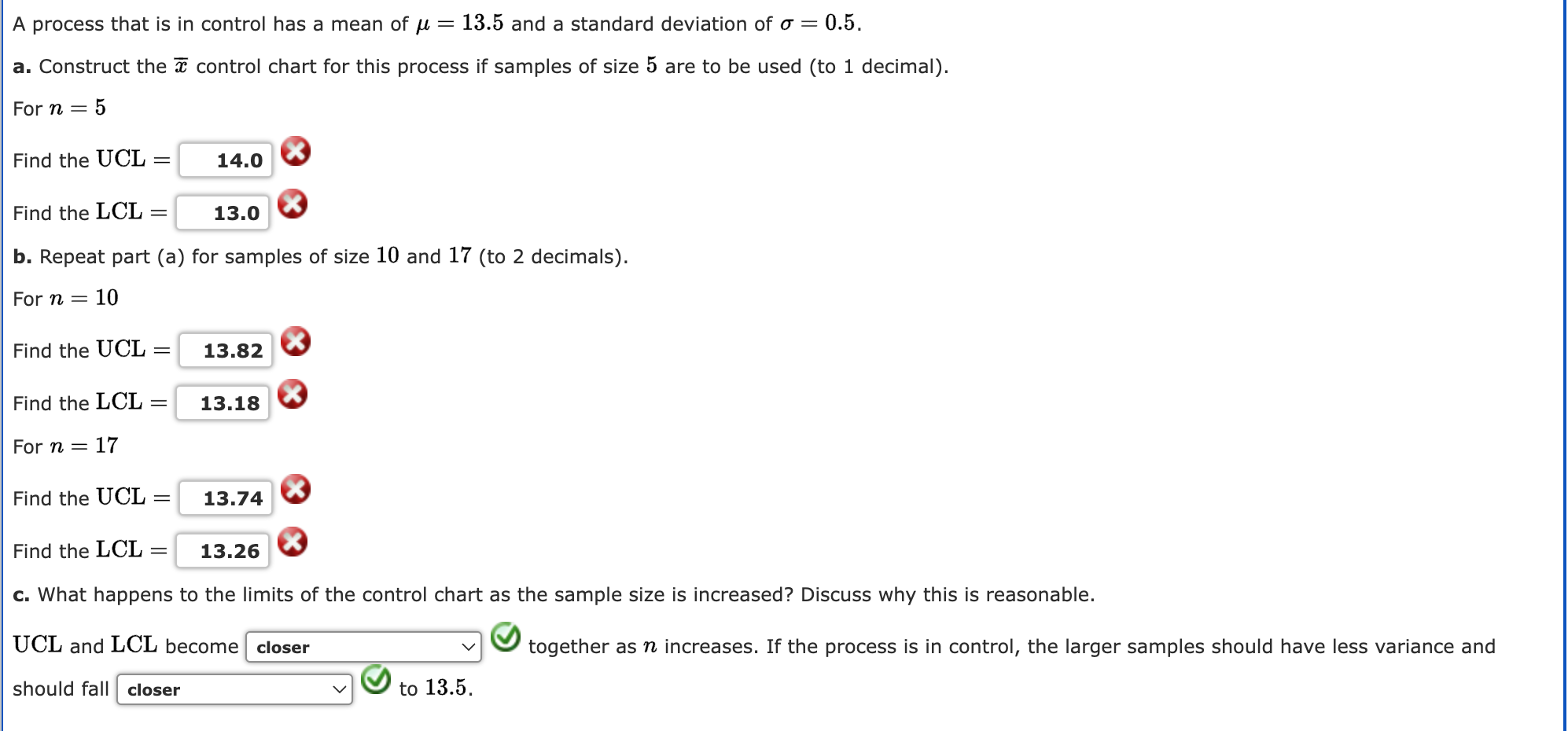 Solved A process that is in control has a mean of μ=13.5 | Chegg.com
