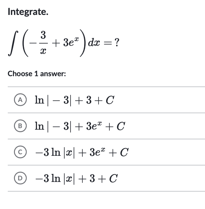 Solved Integrate.∫﻿﻿(-3x+3ex)dx=Choose 1 | Chegg.com