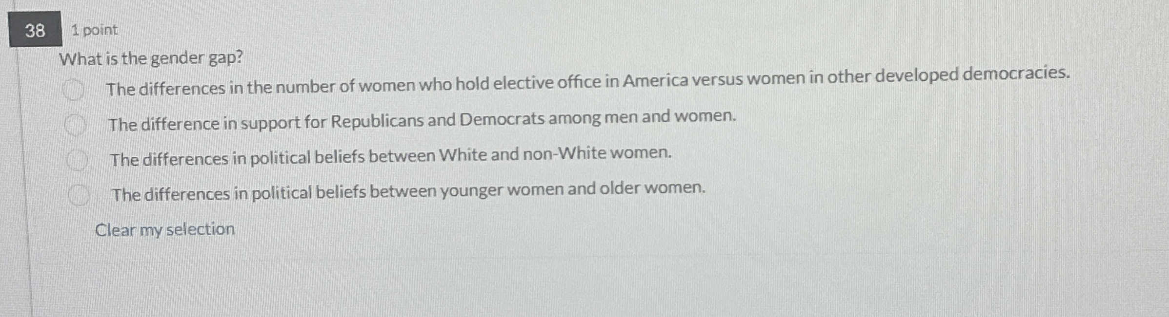 Solved 1 ﻿pointWhat is the gender gap?The differences in the | Chegg.com
