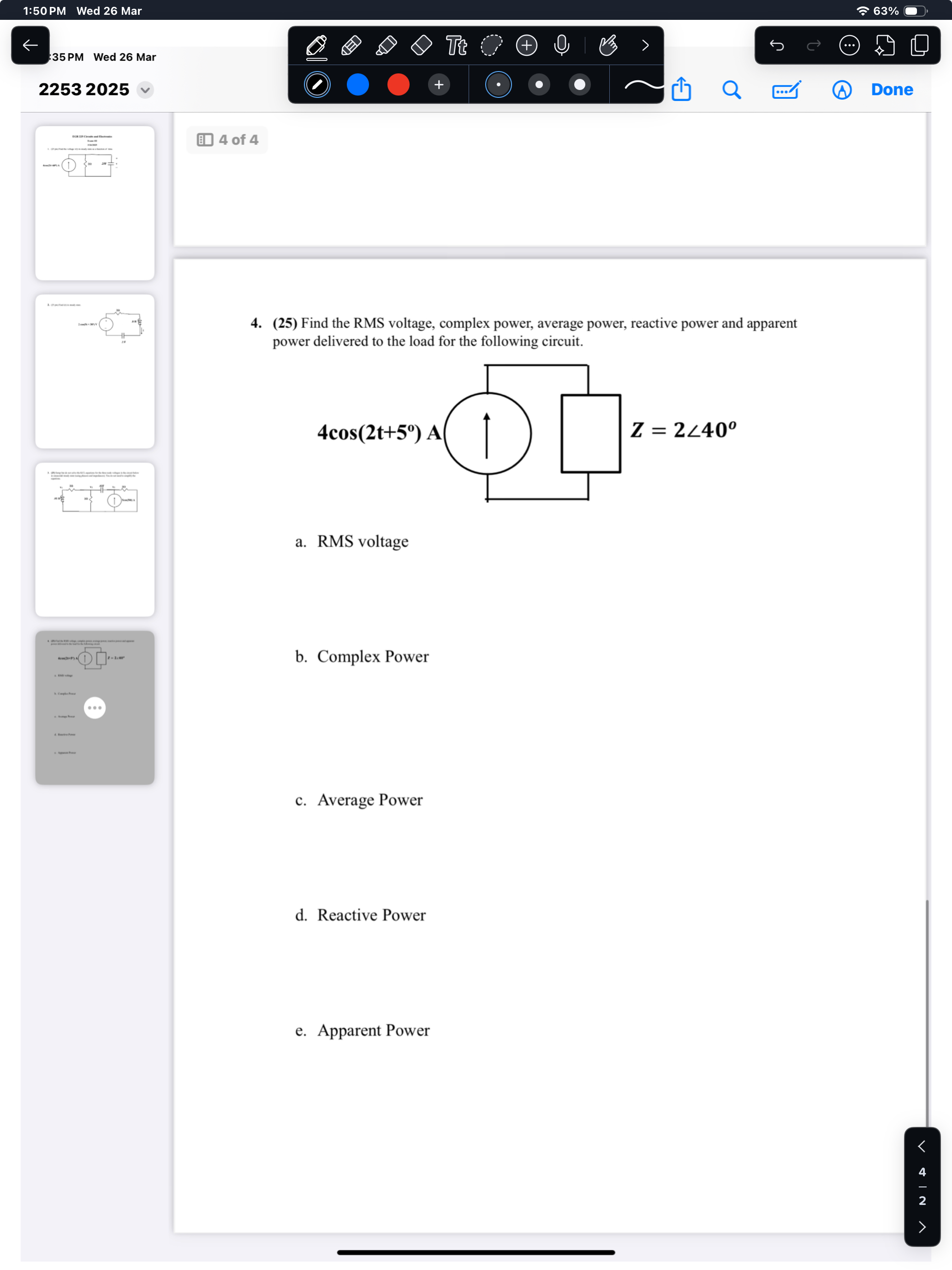 Solved 4. (25) ﻿Find the RMS voltage, complex power, average | Chegg.com