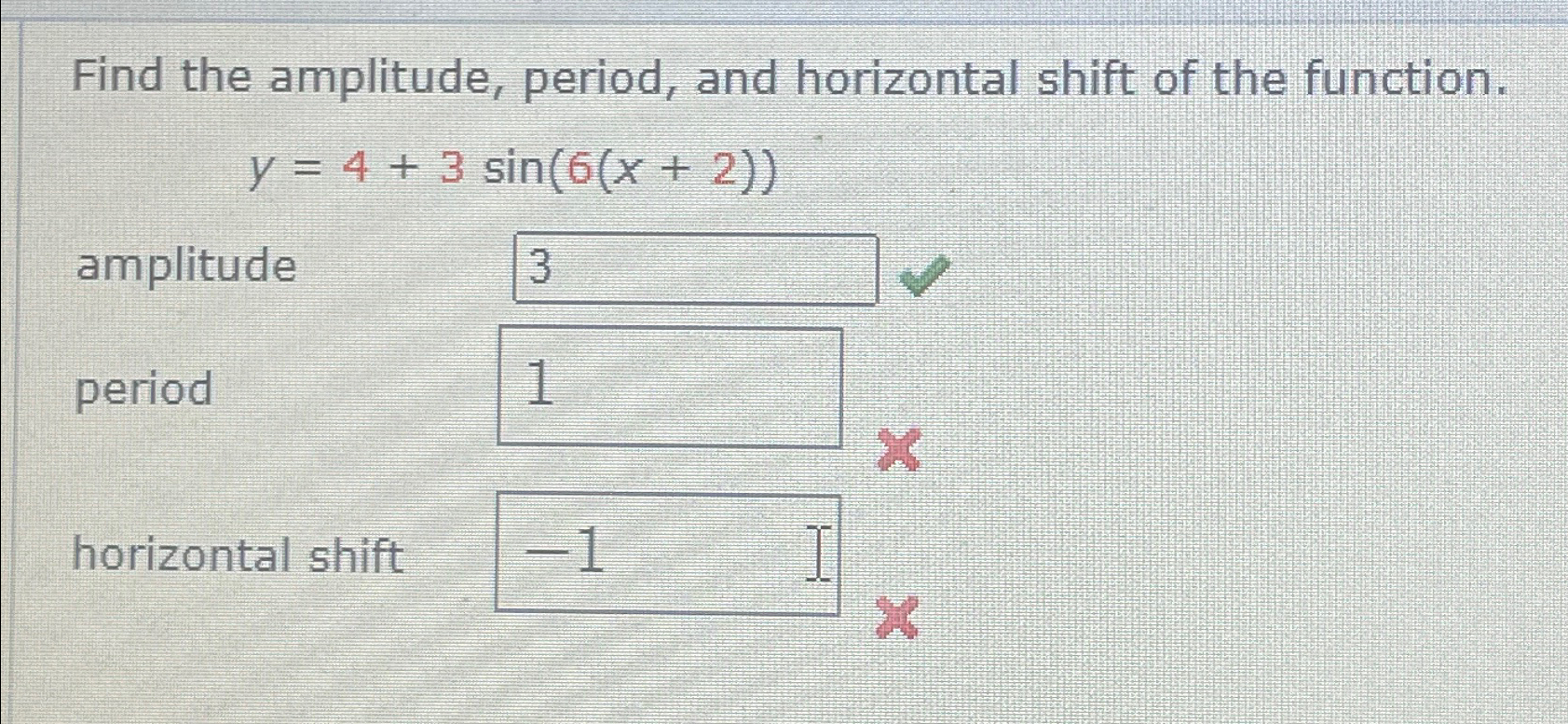 Solved Find the amplitude, period, and horizontal shift of | Chegg.com