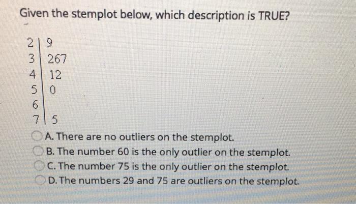 Solved Given the stemplot below, which description is TRUE? | Chegg.com