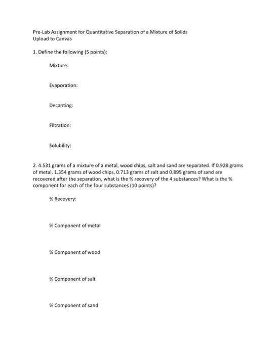 Solved Pre-Lab Assignment for Quantitative Separation of a | Chegg.com