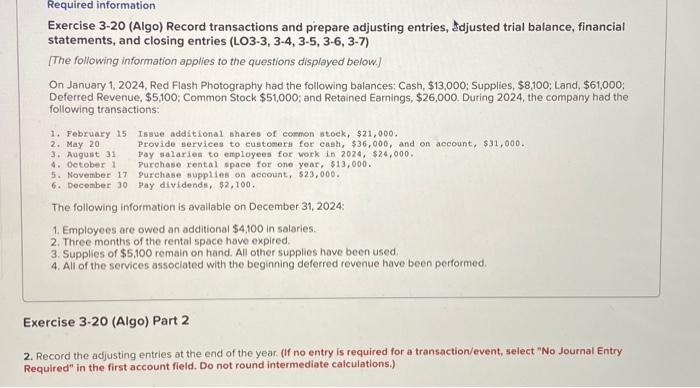 Solved Exercise 3-20 (Algo) Record transactions and prepare | Chegg.com
