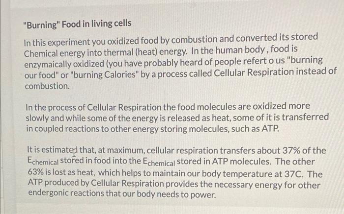 Solved "Burning" Food in living cells In this experiment you | Chegg.com