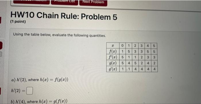 Solved a) h′(2), where h(x)=f(g(x)) h′(2)= b) h′(4), where | Chegg.com