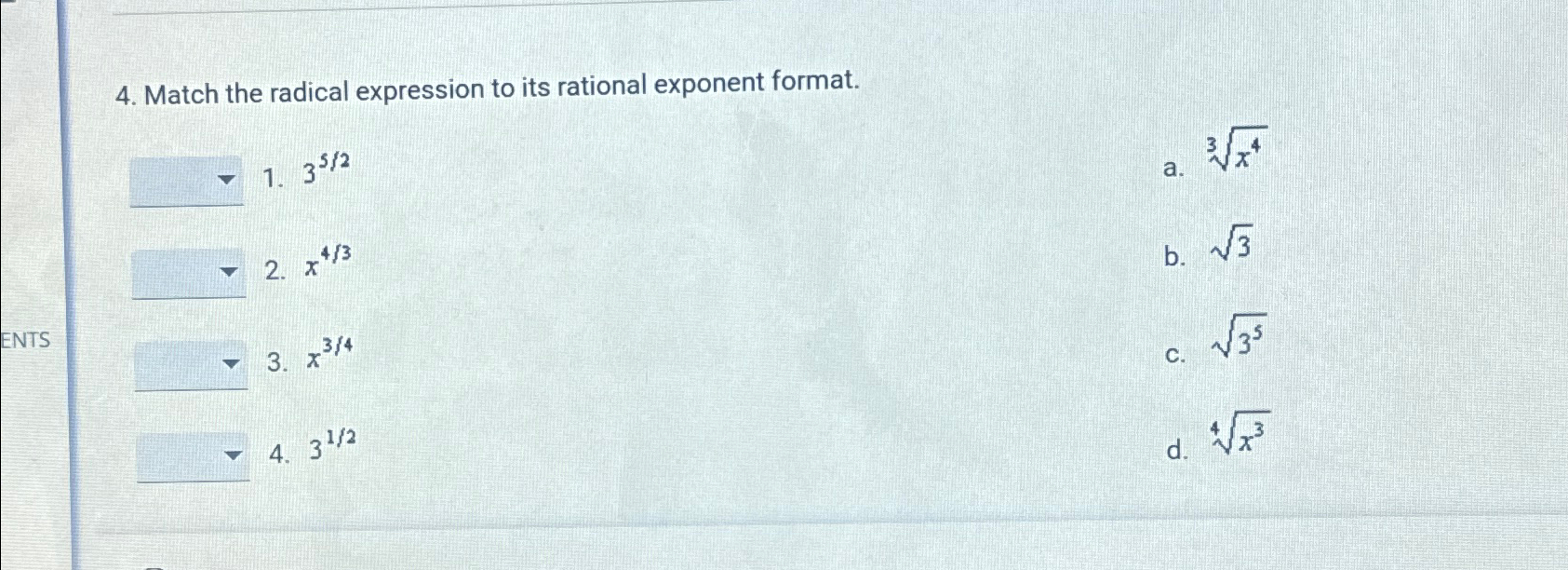 Solved Match the radical expression to its rational exponent | Chegg.com