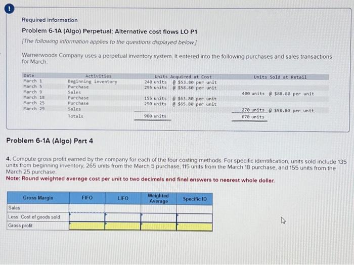 Solved Required information Problem 6-1A (Algo) Perpetual: | Chegg.com