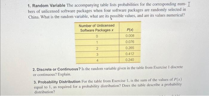 Solved 1. Random Variable The accompanying table lists | Chegg.com