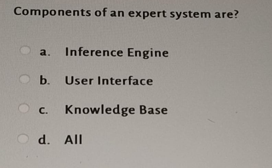 Solved Components of an expert system are?a. ﻿Inference | Chegg.com