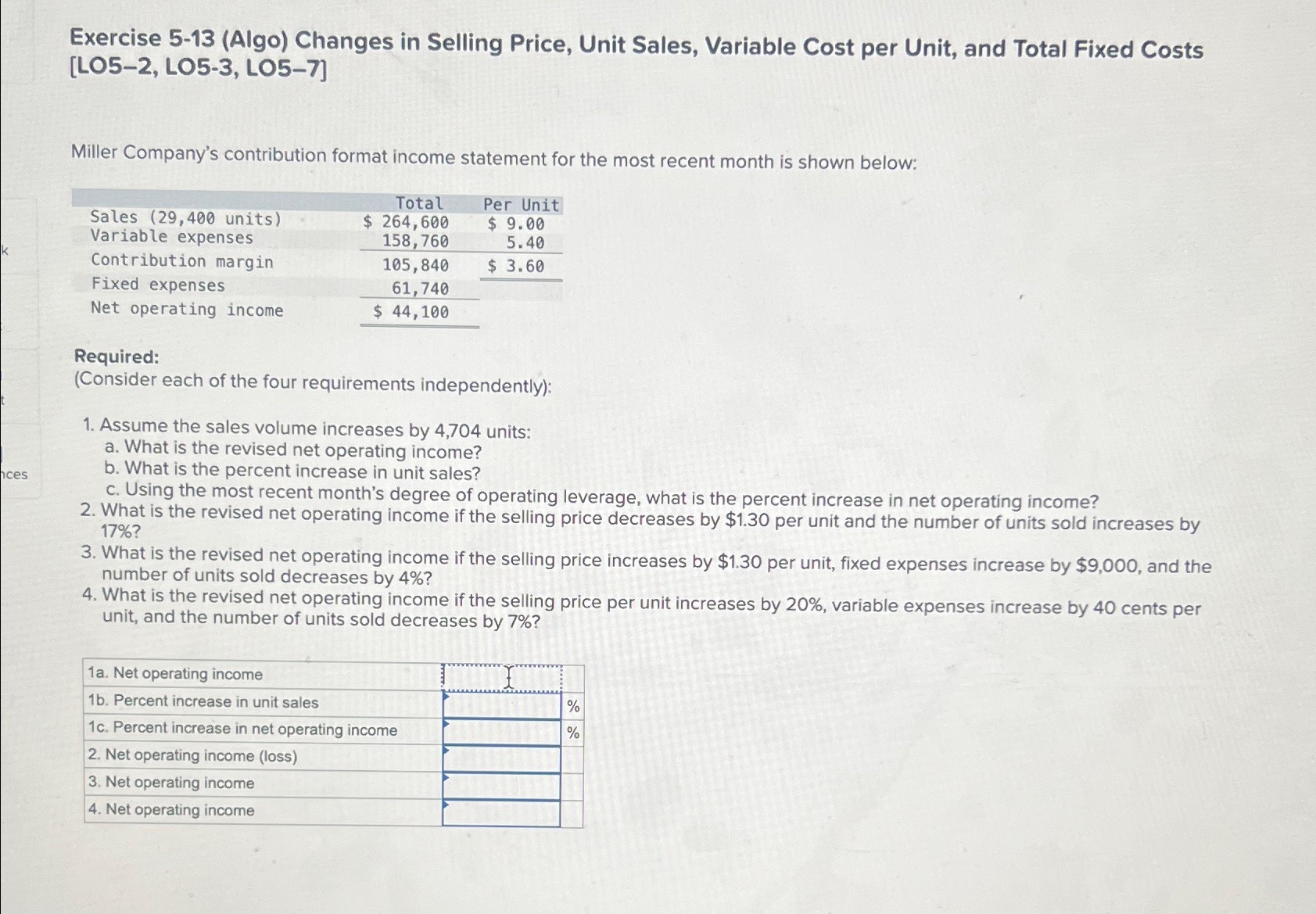 Solved Exercise 5-13 (Algo) ﻿Changes in Selling Price, Unit | Chegg.com