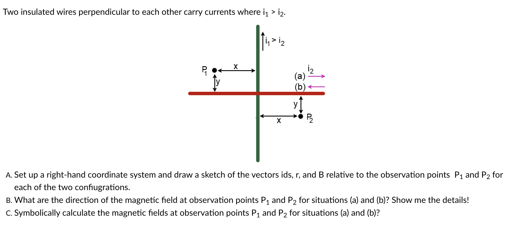 Solved Two insulated wires perpendicular to ﻿each other | Chegg.com