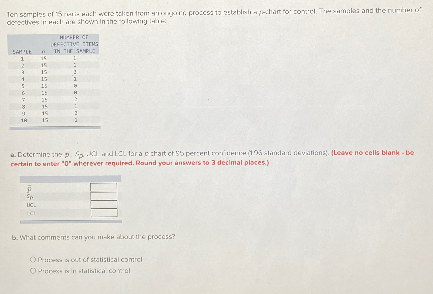 Ten samples of 15 ﻿parts each were taken from an | Chegg.com