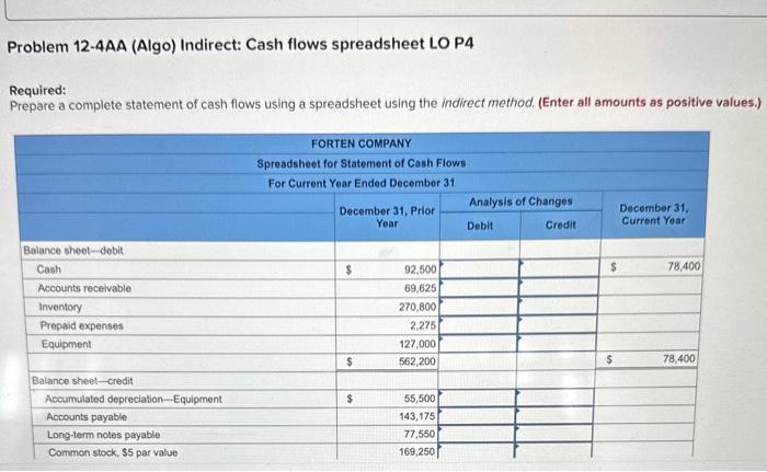 Solved Problem 12-4AA (Algo) Indirect: Cash flows | Chegg.com Solved Problem 12-4AA (Algo) Indirect: Cash flows | Chegg.com