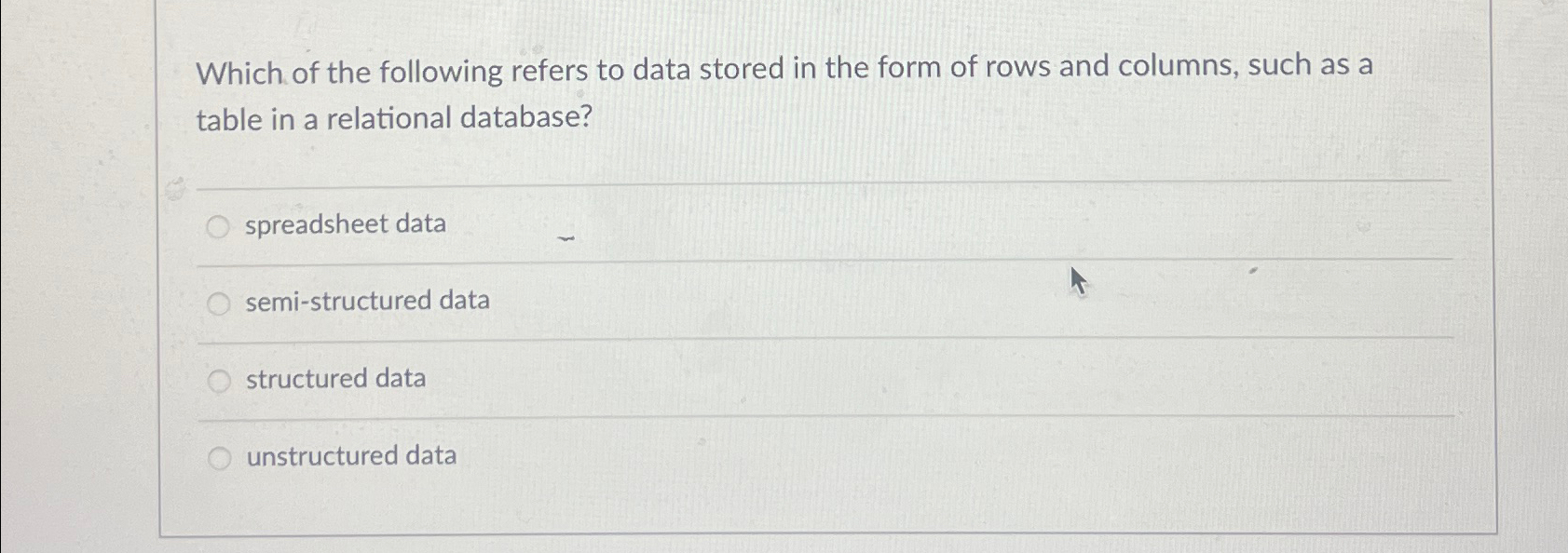 Solved Which of the following refers to data stored in the | Chegg.com