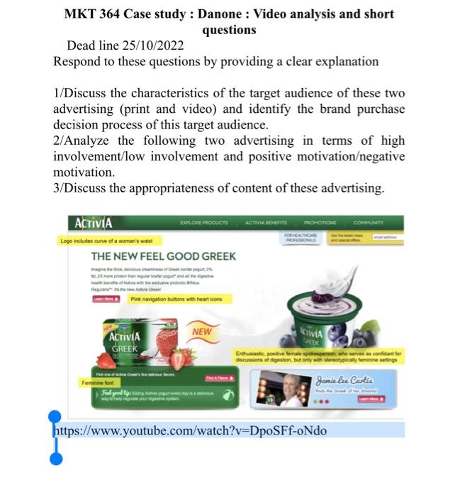 Solved MKT 364 Case study : Danone : Video analysis and | Chegg.com