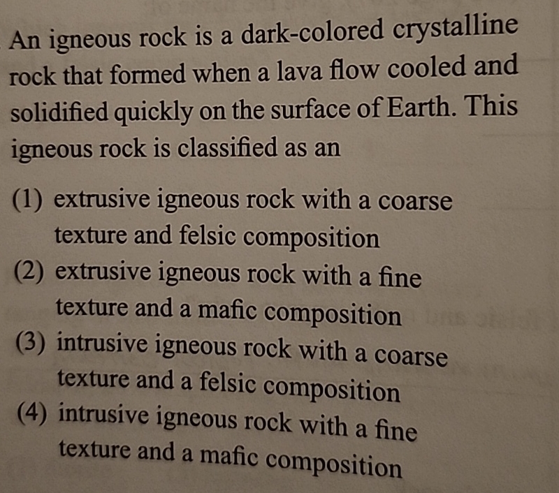 Solved An igneous rock is a dark-colored crystalline rock | Chegg.com