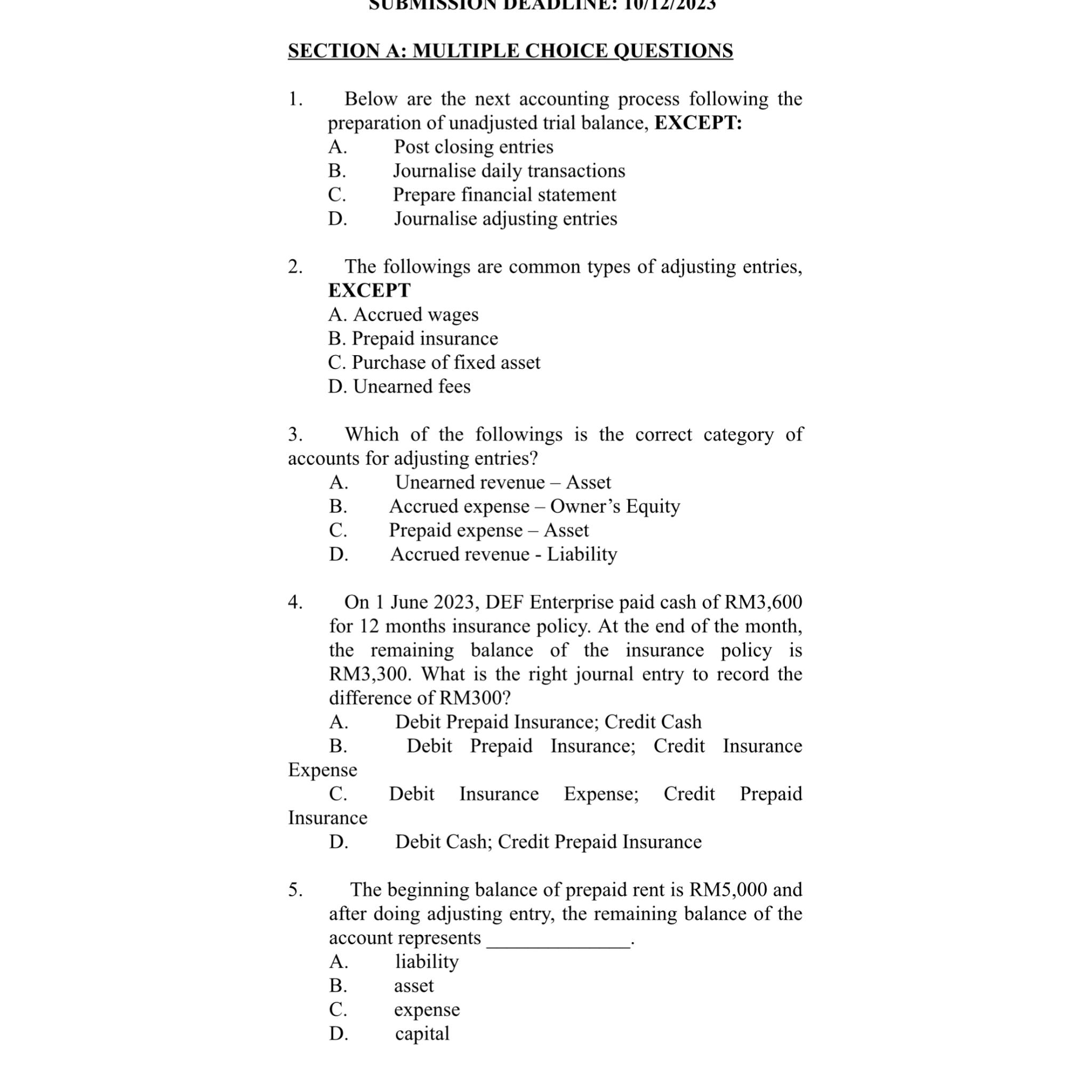 Solved SECTION A: MULTIPLE CHOICE QUESTIONSBelow are the | Chegg.com