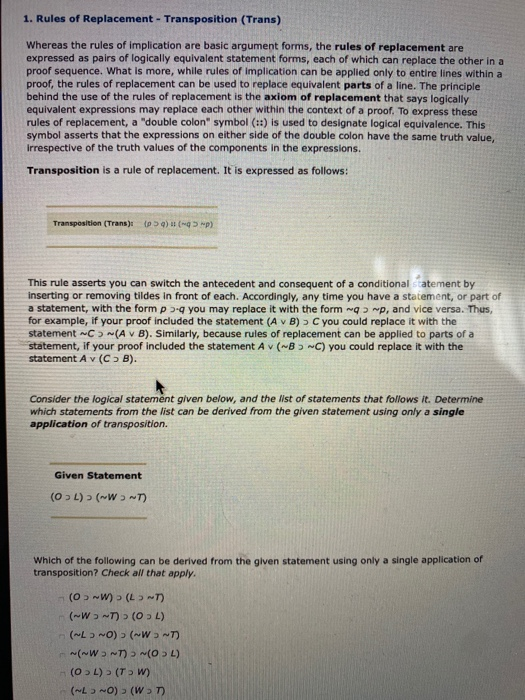 Solved 1. Rules of Replacement - Transposition (Trans) | Chegg.com