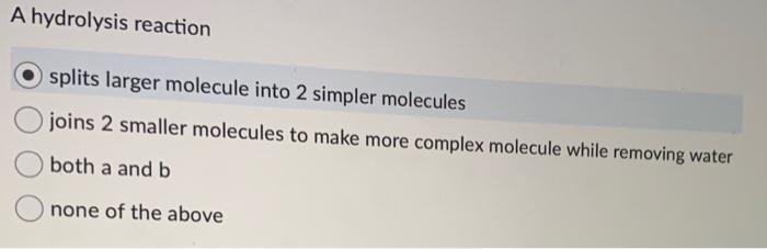 Solved A hydrolysis reaction splits larger molecule into 2 | Chegg.com