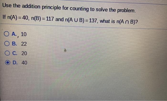 Solved Use the addition principle for counting to solve the | Chegg.com