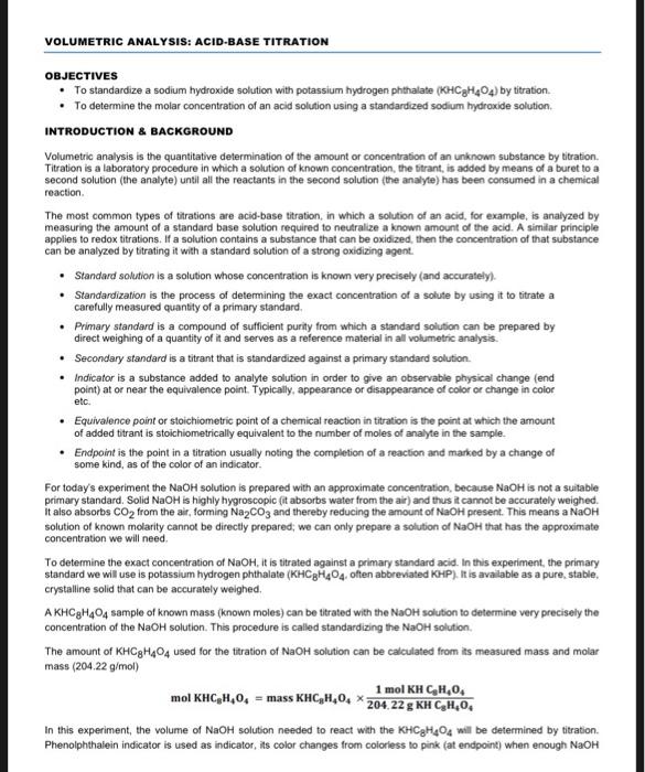 Solved VOLUMETRIC ANALYSIS: ACID-BASE TITRATION OBJECTIVES • | Chegg.com