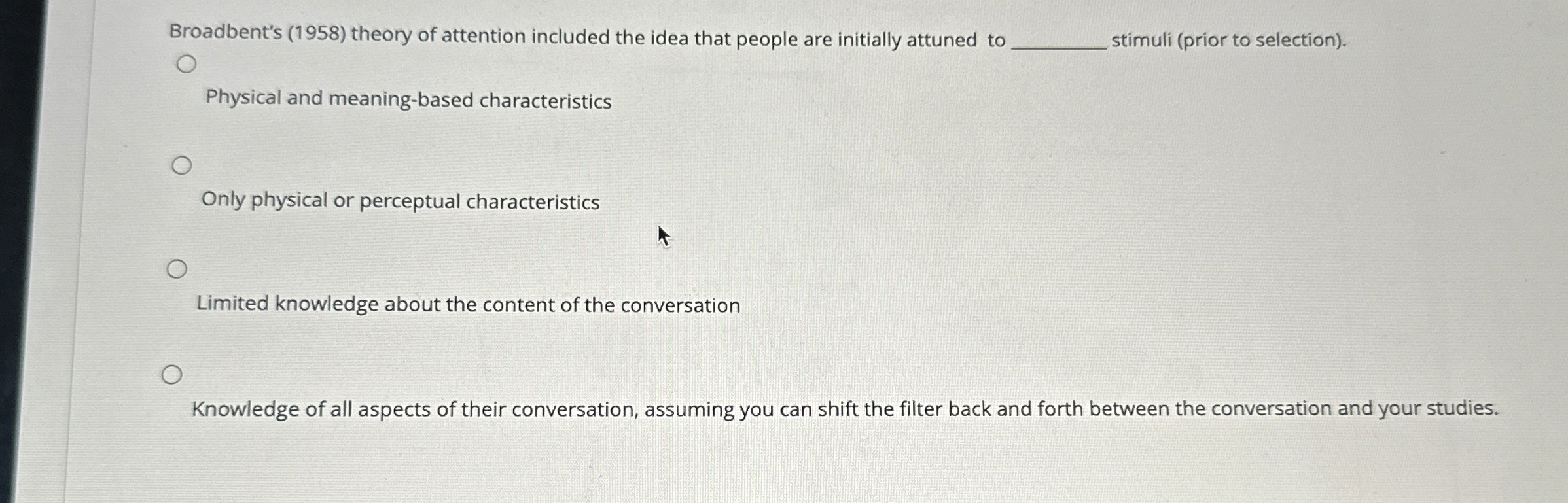 Solved Broadbent's (1958) ﻿theory of attention included the | Chegg.com