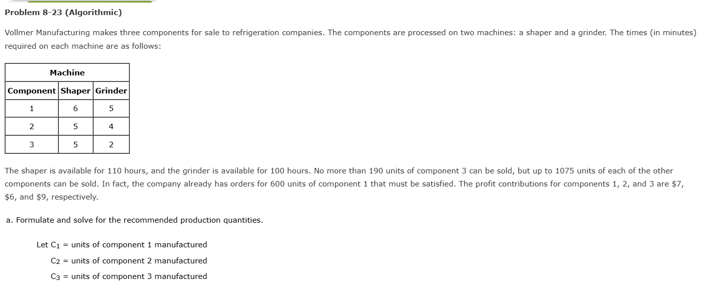 Solved Problem 8-23 (Algorithmic) ﻿Vollmer Manufacturing | Chegg.com