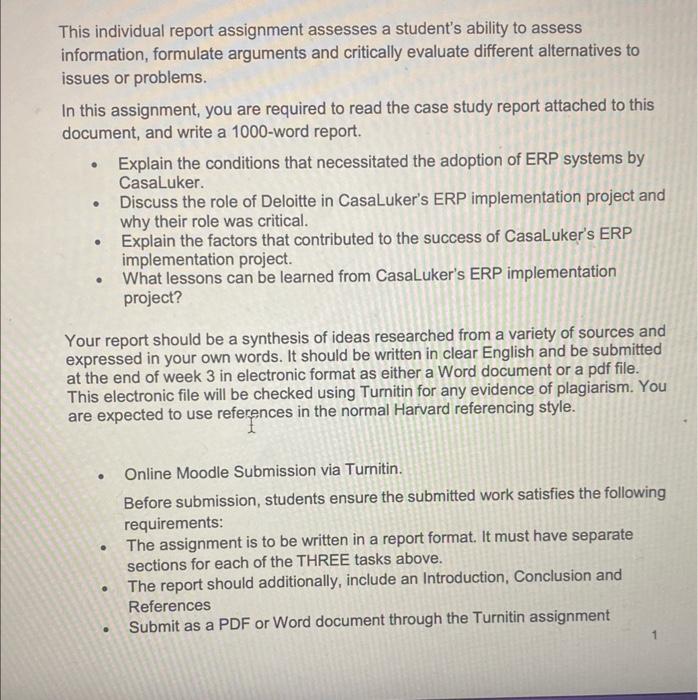 Solved This individual report assignment assesses a | Chegg.com
