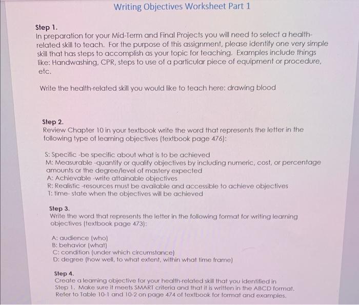 Solved Writing Objectives Worksheet Part 1 Step 1. In | Chegg.com
