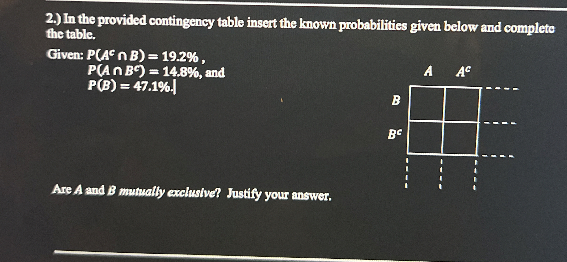 Solved 2.) ﻿In the provided contingency table insert the | Chegg.com