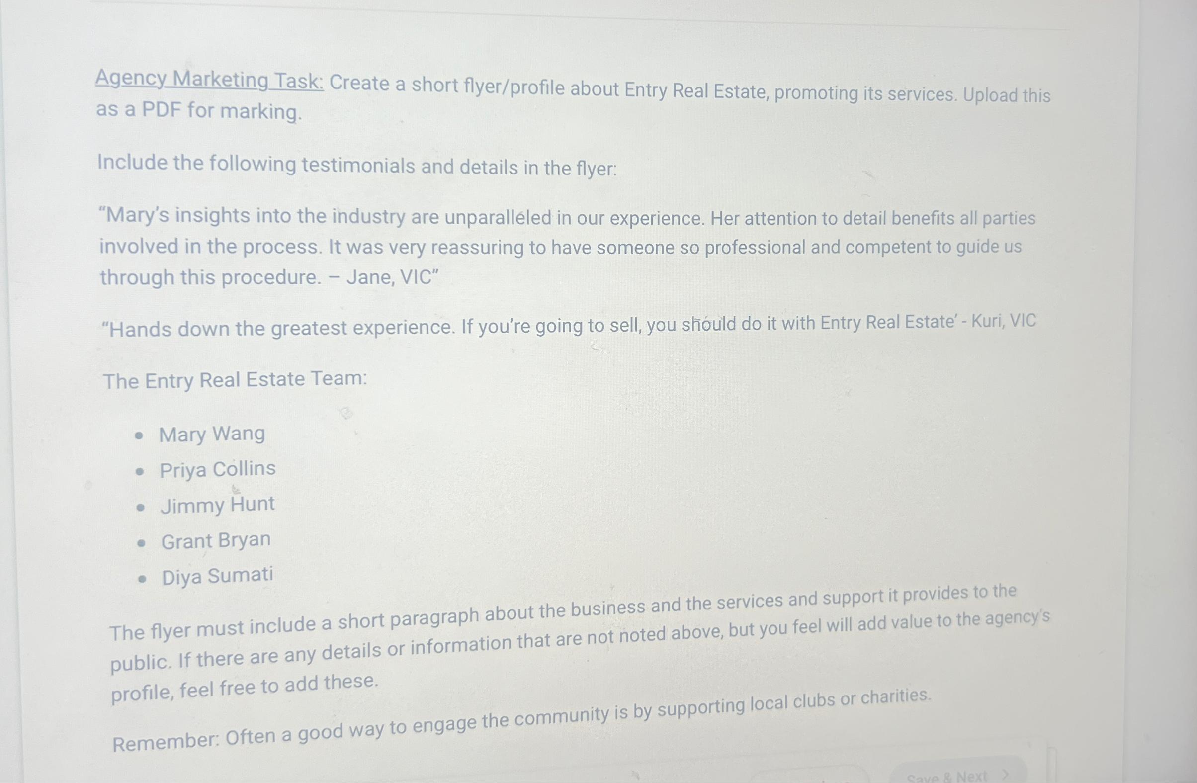 Solved Agency Marketing_Task: Create a short flyer/profile | Chegg.com