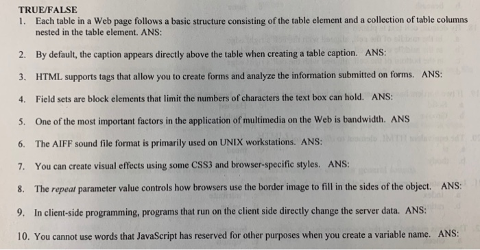 Solved TRUE/FALSE 1. Each table in a Web page follows a | Chegg.com