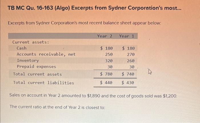 Solved TB MC Qu. 16-163 (Algo) Excerpts from Sydner | Chegg.com