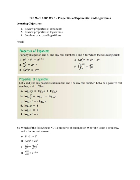 Solved F20 Math 1085 WS 6- Properties of Exponential and | Chegg.com