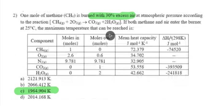 Solved One mole of methane (CH4) is burned with 30% excess | Chegg.com