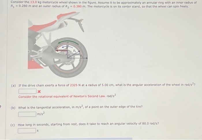 Solved Consider the 13.0 kg motorcycle wheel shown in the | Chegg.com