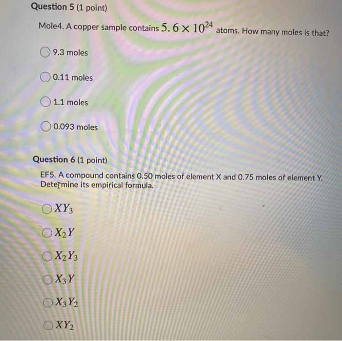 Solved Question 5 (1 point) Mole4. A copper sample contains | Chegg.com