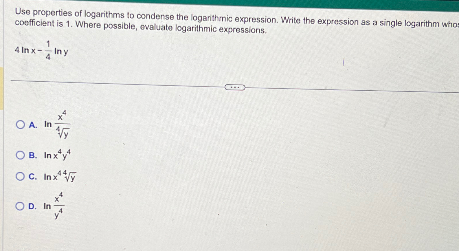 Solved Use properties of logarithms to condense the | Chegg.com